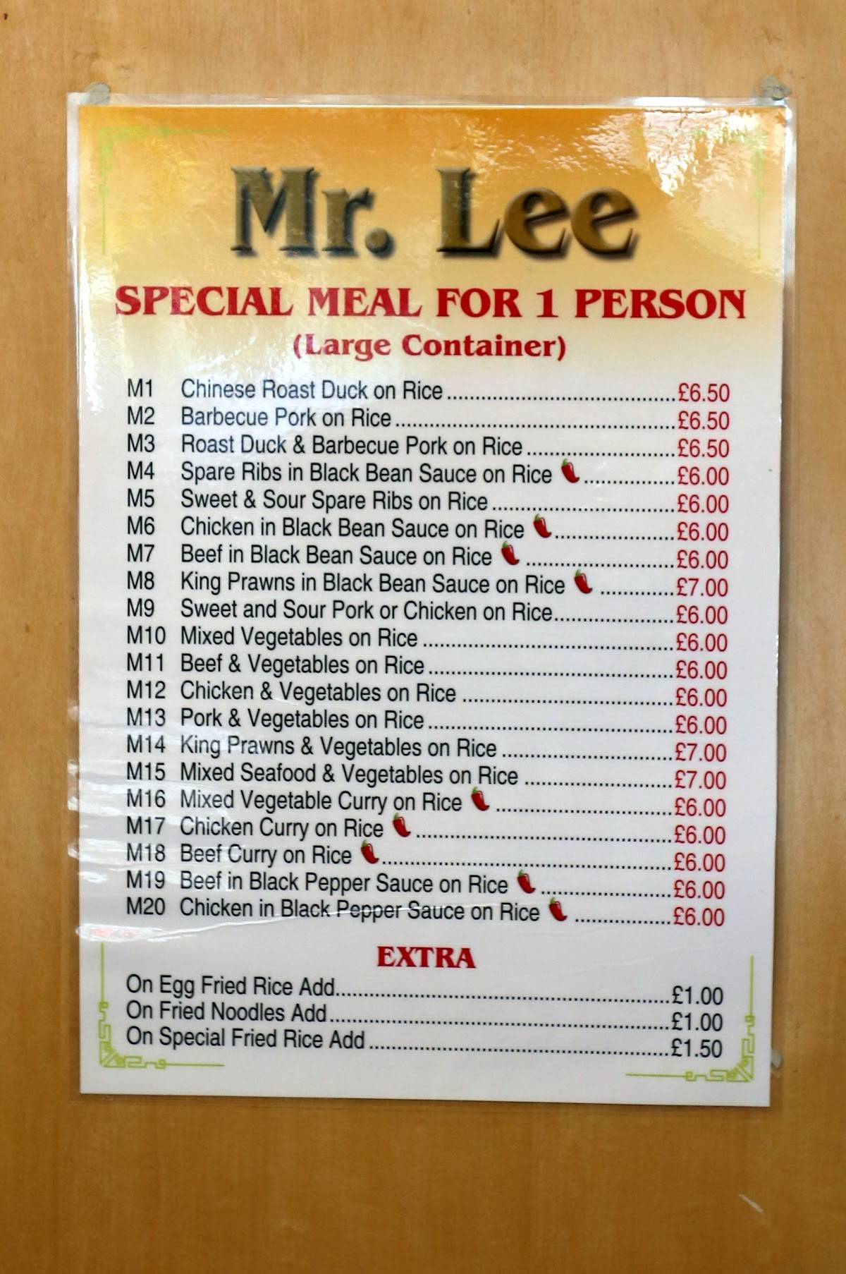 Menu at Mr Lee fast food, London, 238 Belsize Rd