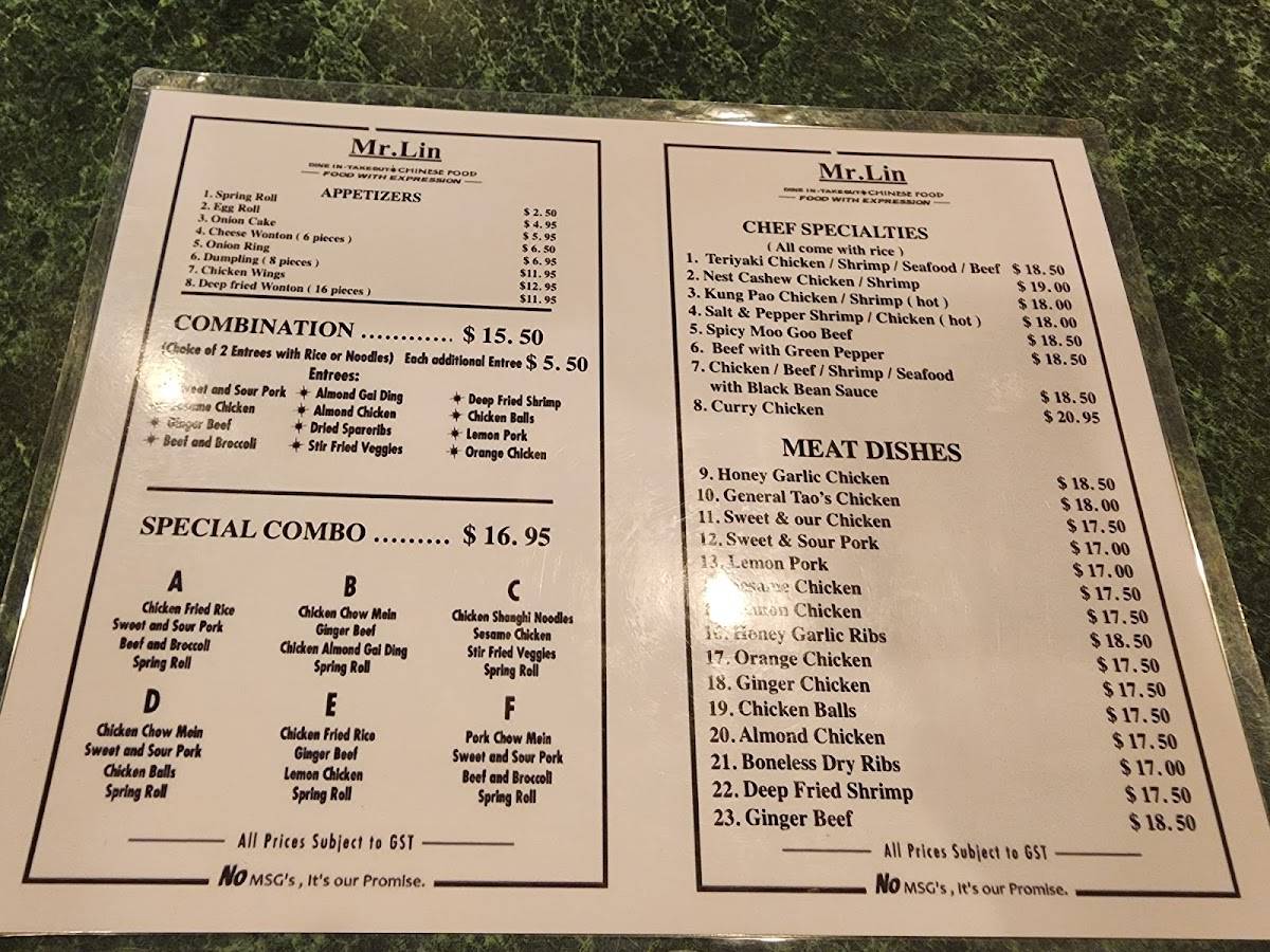 Menu at Mr Lin Family Restaurant, Provost