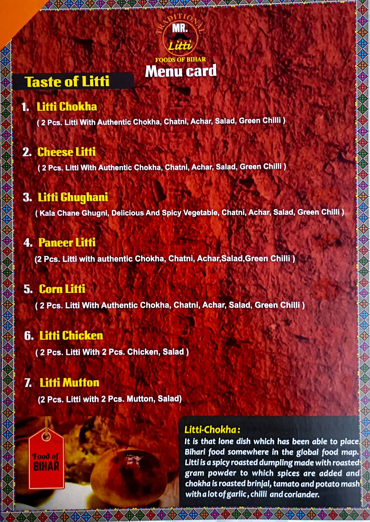 Menu at Mr. Litti, Bhopal