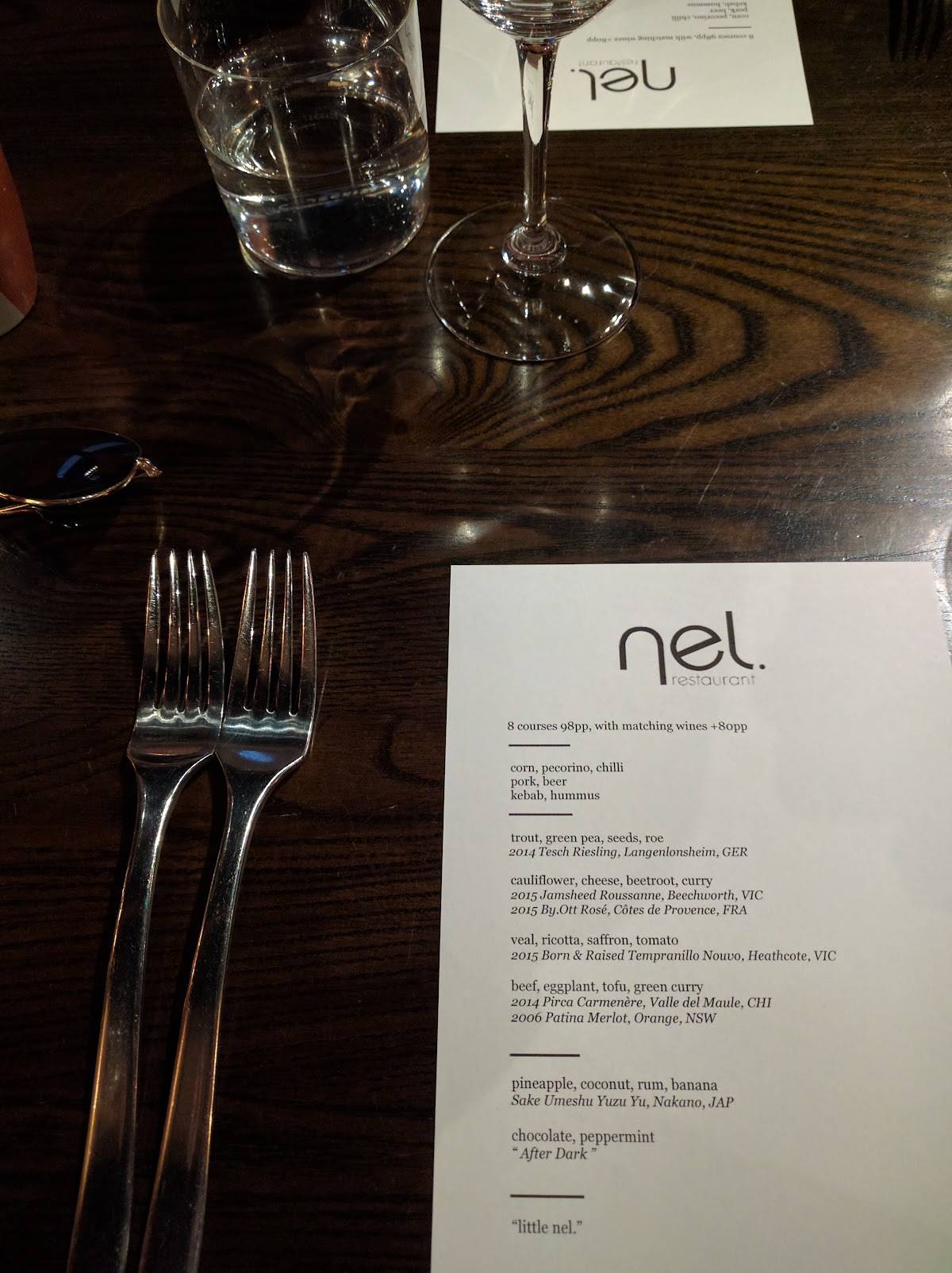 Menu at NEL restaurant, Sydney