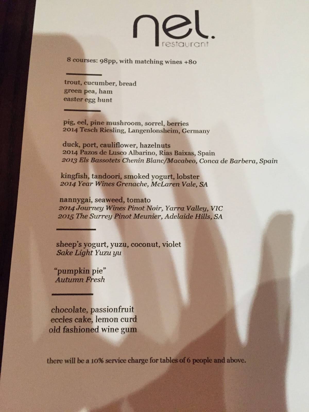 Menu at NEL restaurant, Sydney