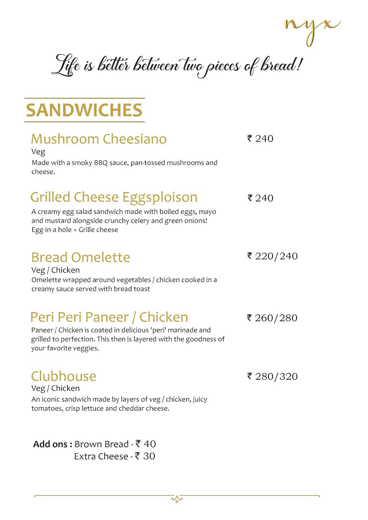 Menu at NYX Lounge Cafe, Bengaluru