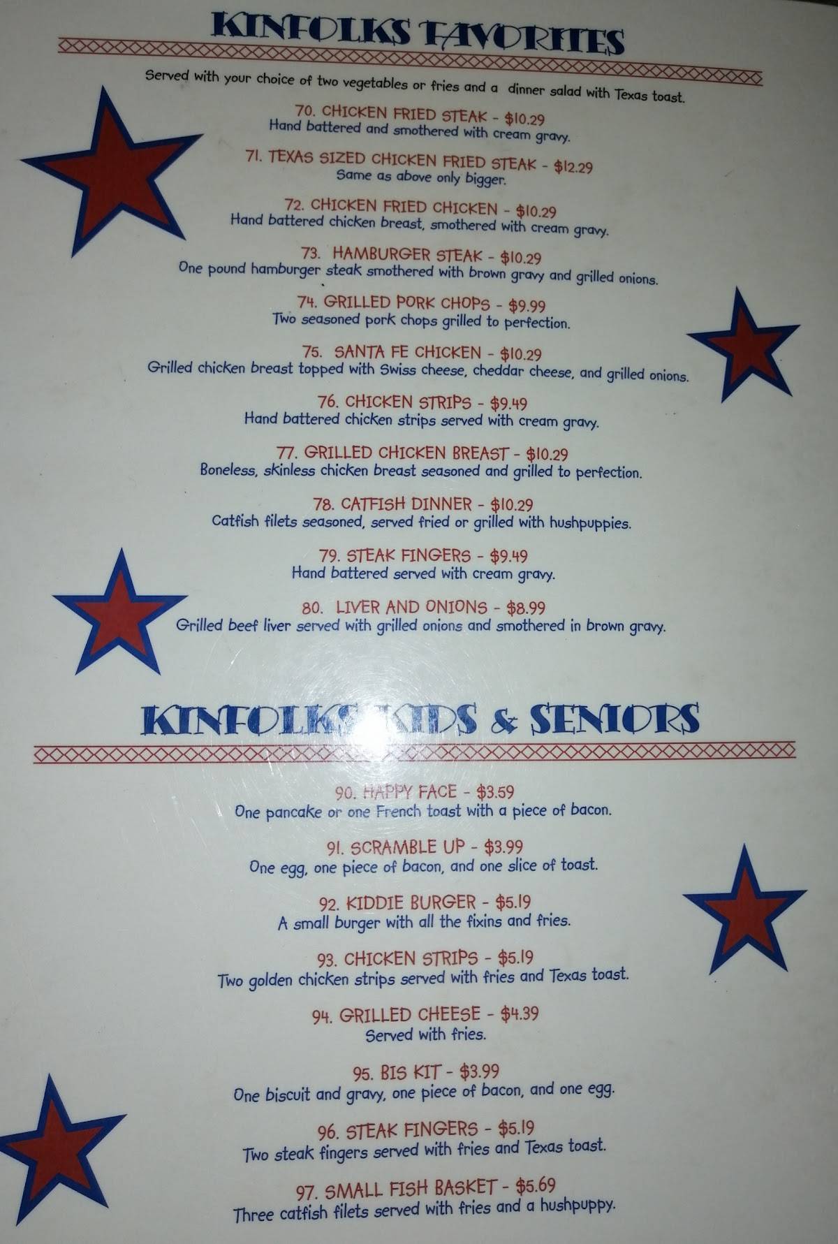 Menu at Kinfolks Restaurant, Nacogdoches