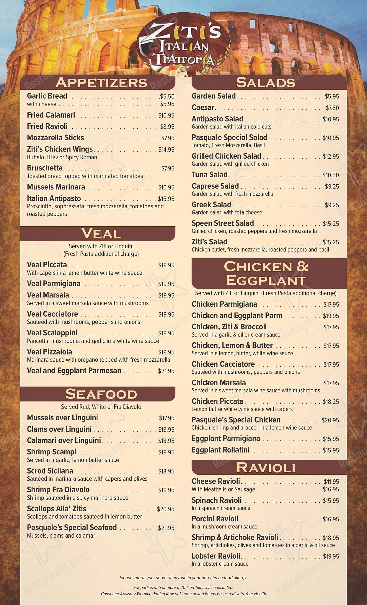Menu at Ziti's Italian Trattoria pizzeria, Natick
