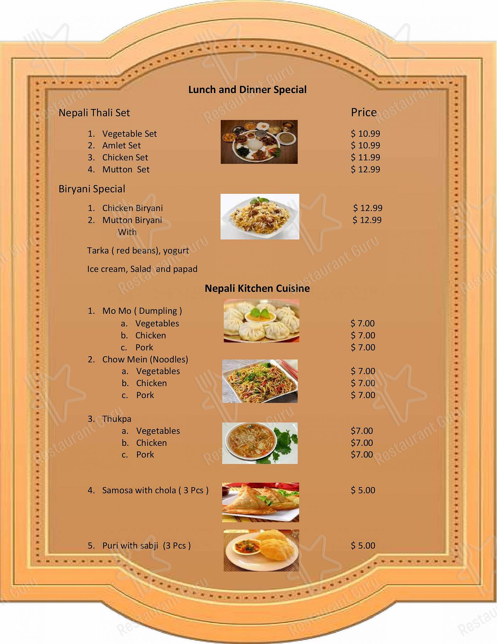 Carta del restaurante Nepali Kitchen, Rochester