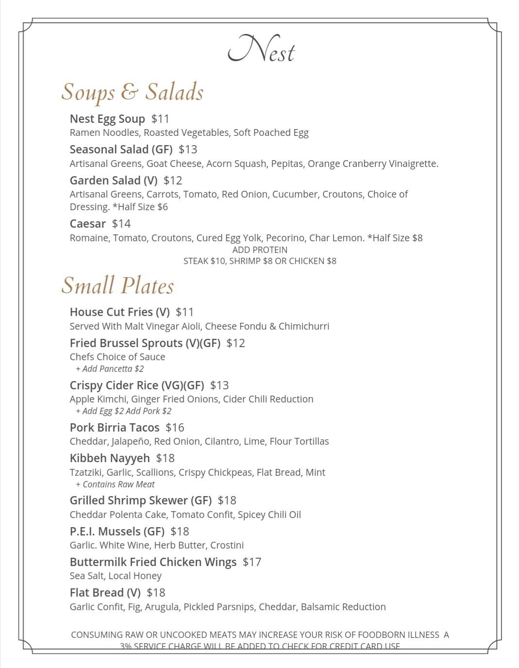 Menu at Nest restaurant, Thendara