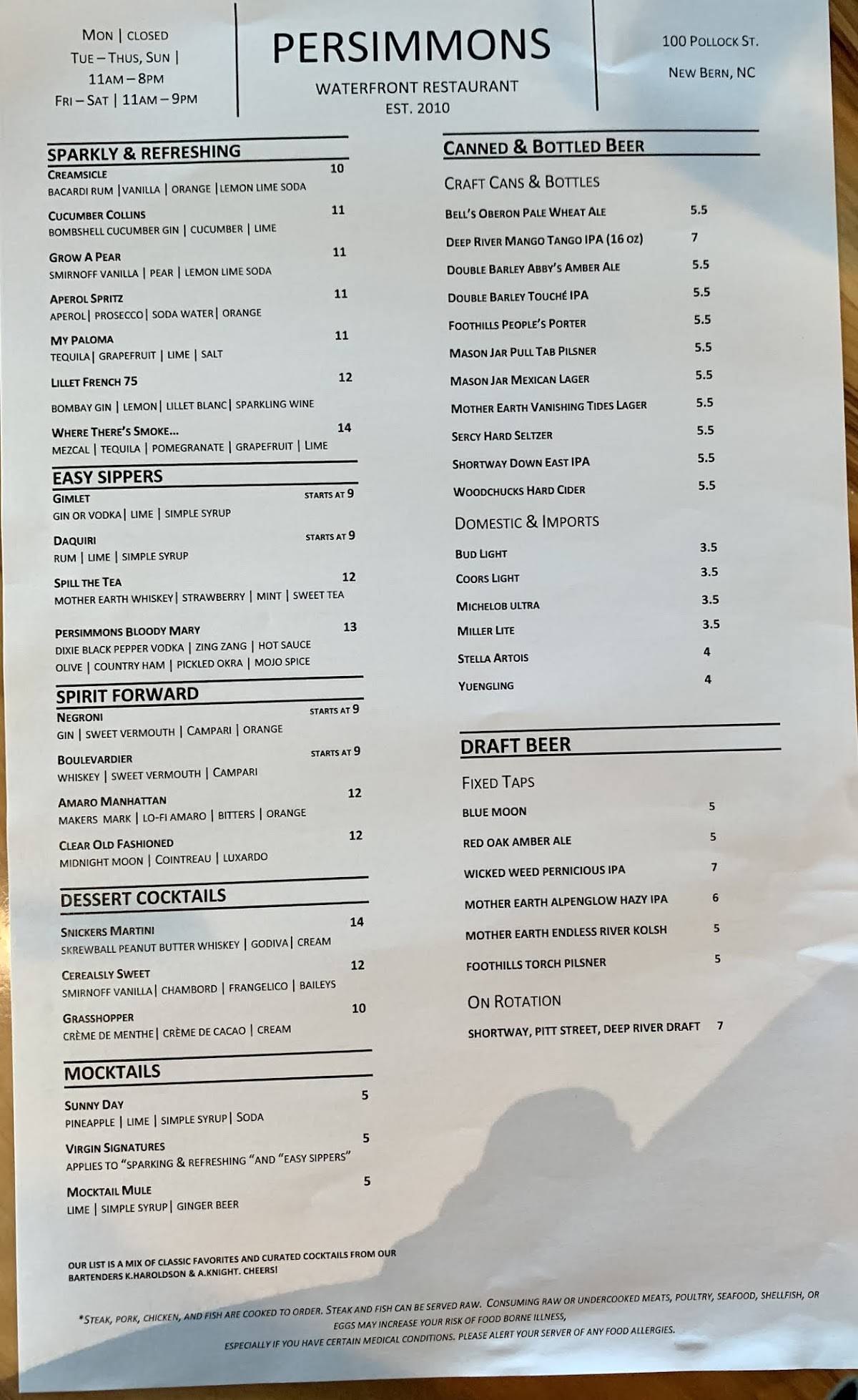 Menu at Persimmons Waterfront Restaurant, New Bern