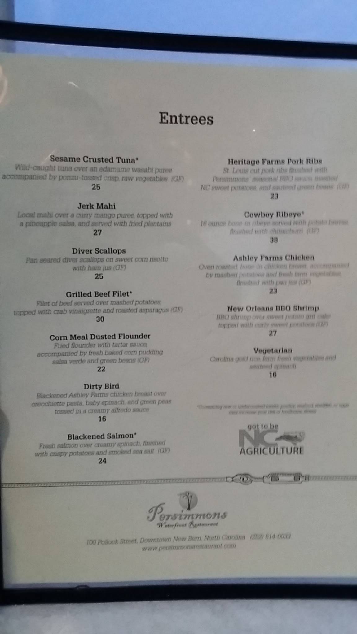 Menu at Persimmons Waterfront Restaurant, New Bern