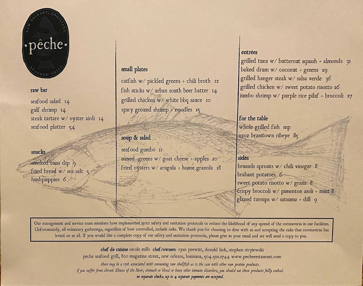 Menu at Pêche Seafood Grill restaurant, New Orleans