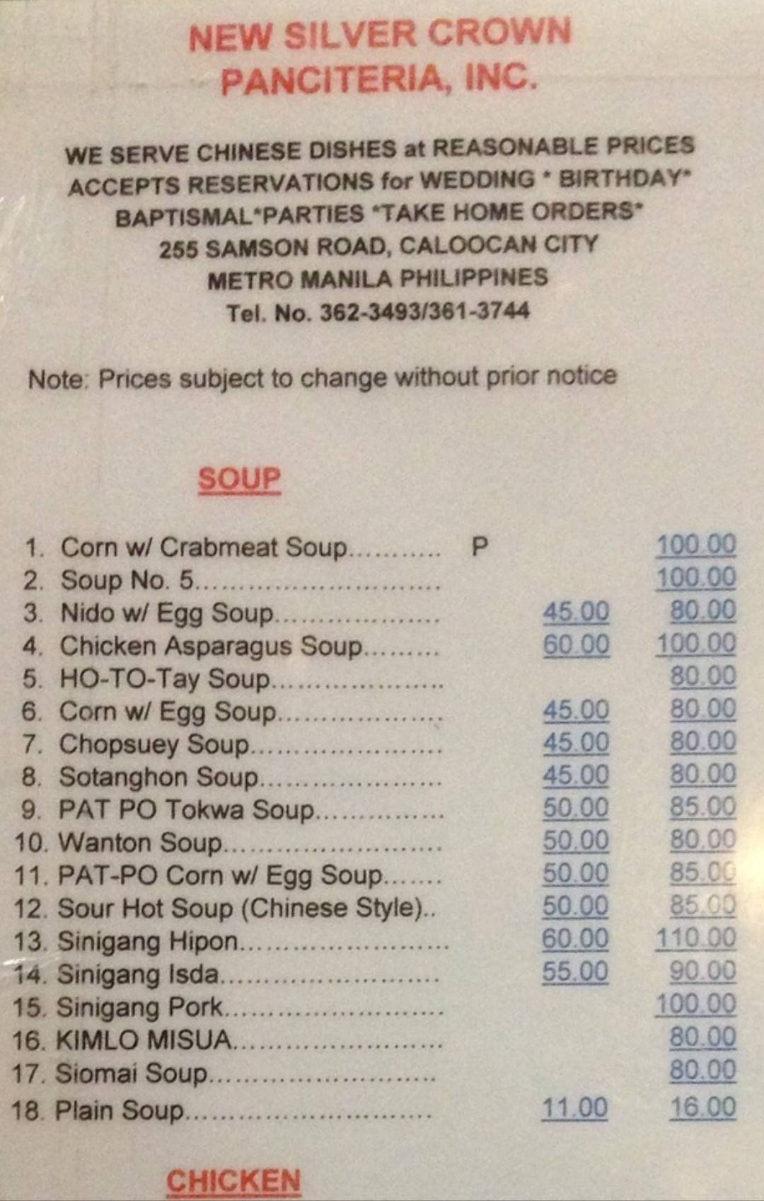 Menu at New Silver Crown Panciteria, Inc. restaurant, Caloocan