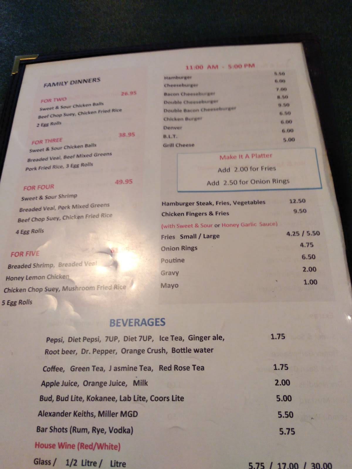 Menu at New Sing Fei Chinese Restaurant, Winnipeg Beach