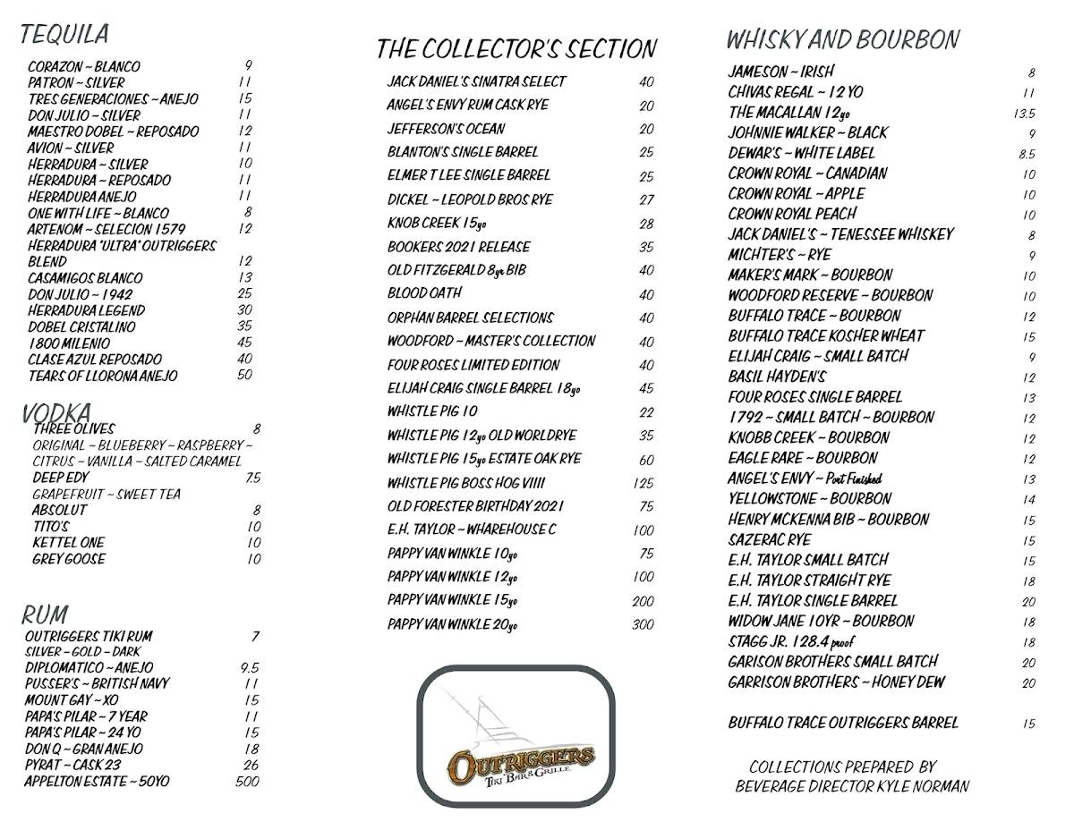 Menu at Outriggers Tiki Bar & Grille, New Smyrna Beach