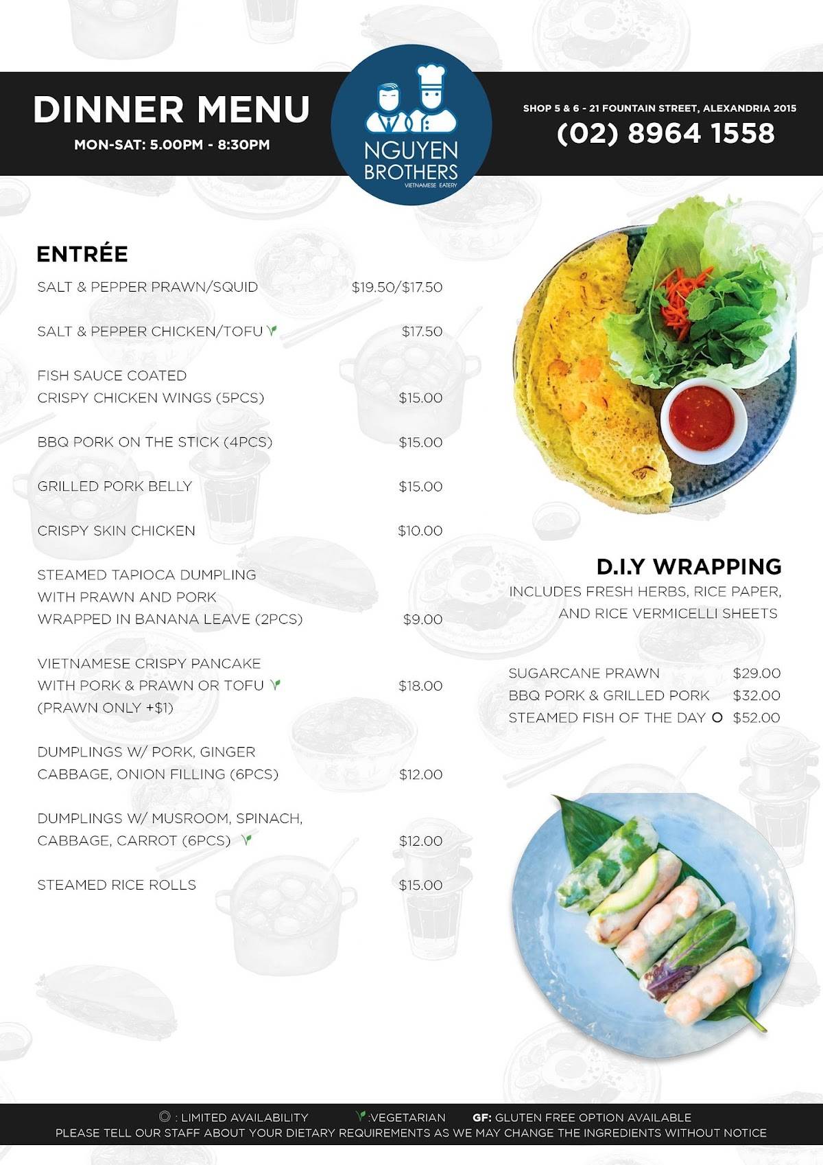 Menu at Nguyen Brothers restaurant, Alexandria