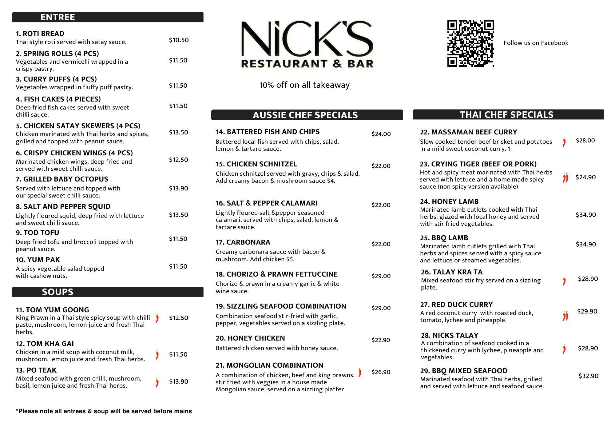 Menu at Nicks Thai Experience cafe, Lakes Entrance