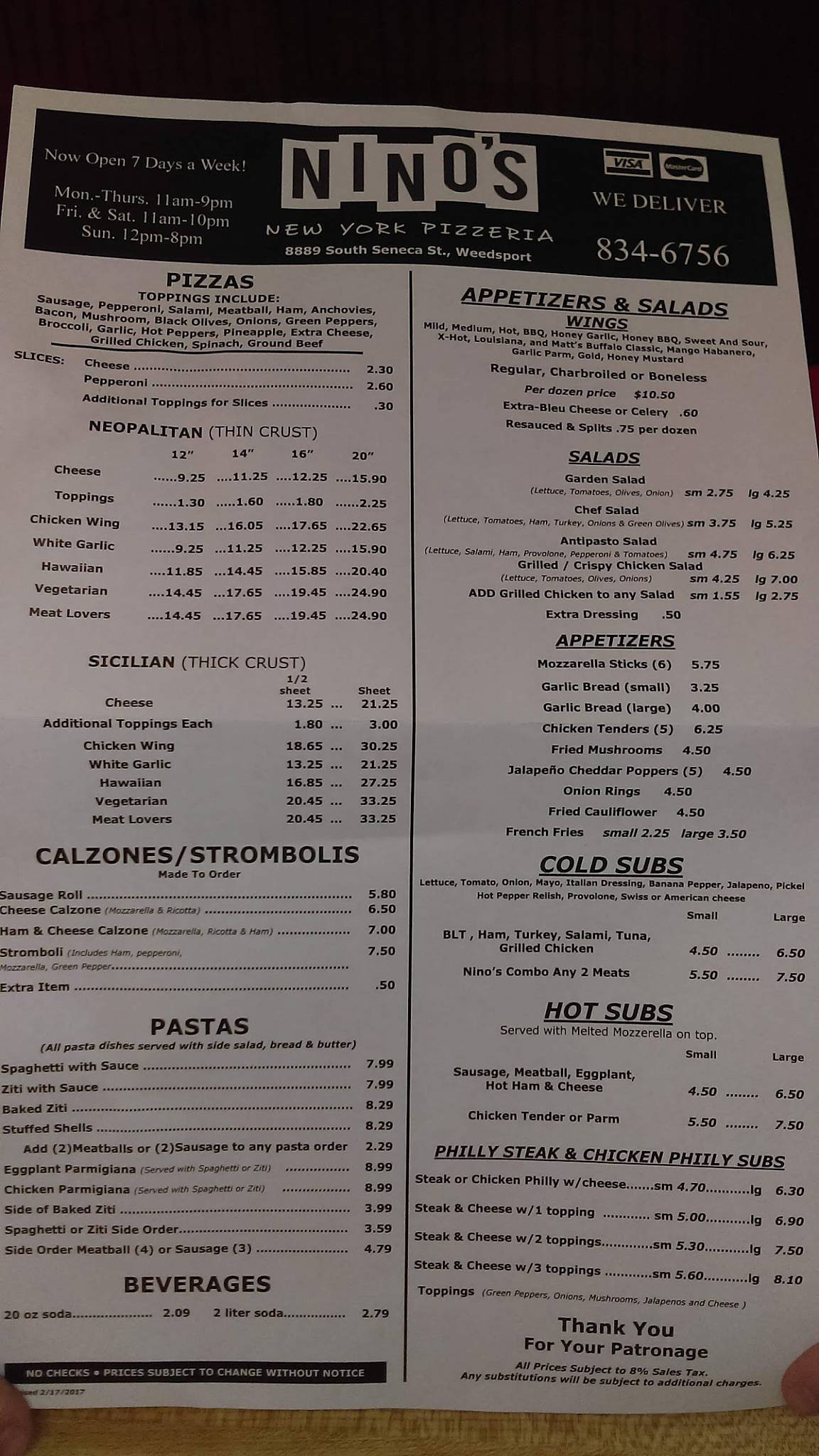 Menu at Nino's NY Pizzeria, Weedsport