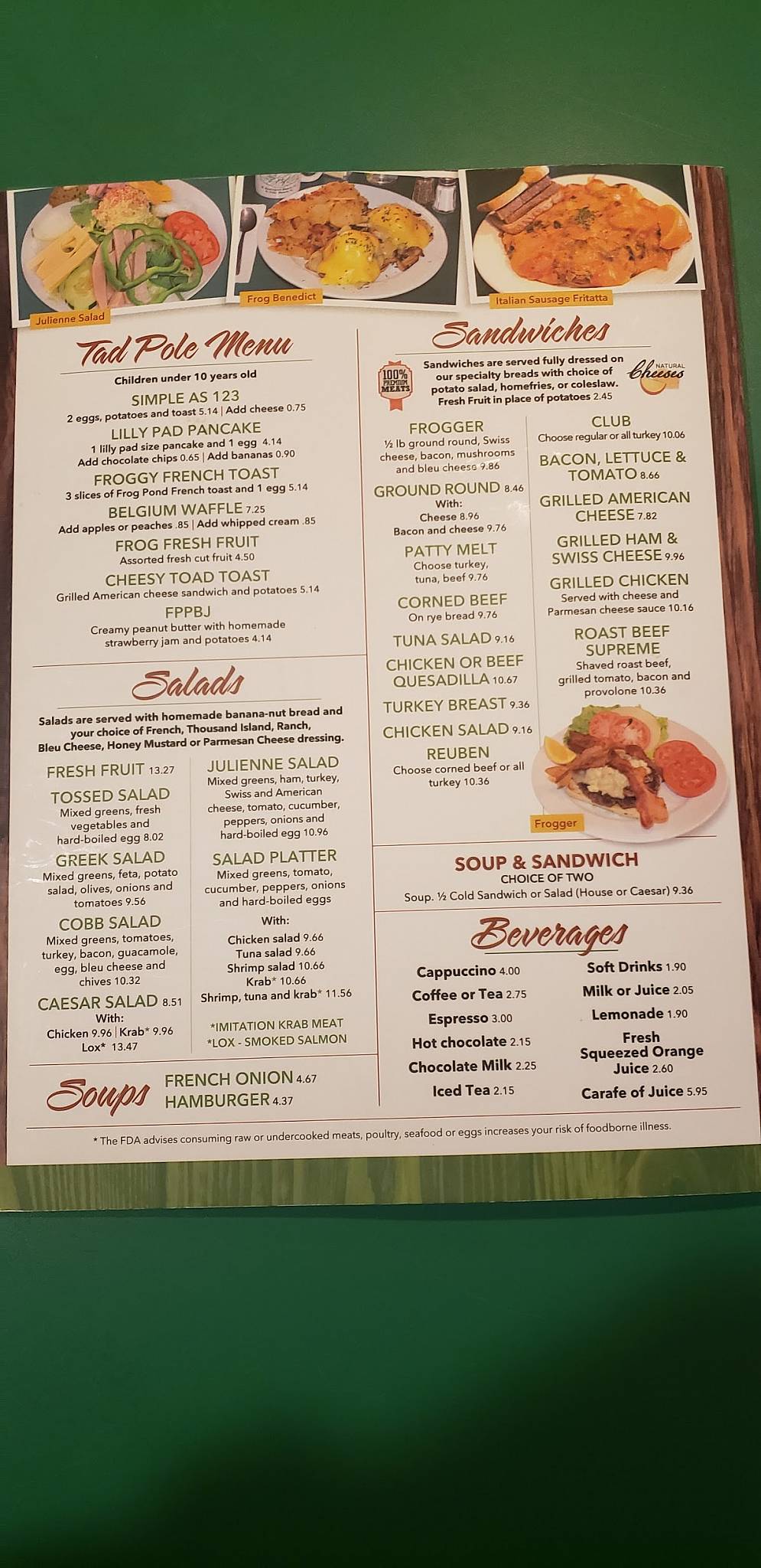Menu at Frog Pond restaurant, North Redington Beach