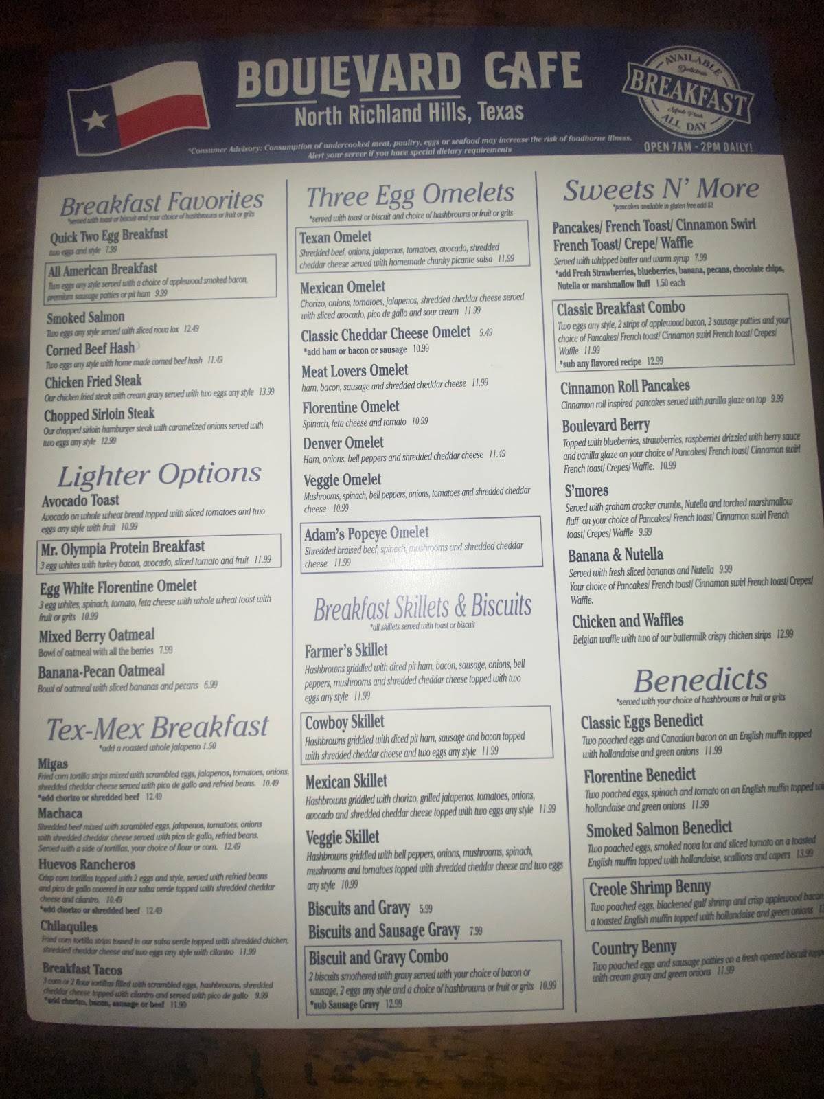 Menu at Boulevard Cafe, North Richland Hills
