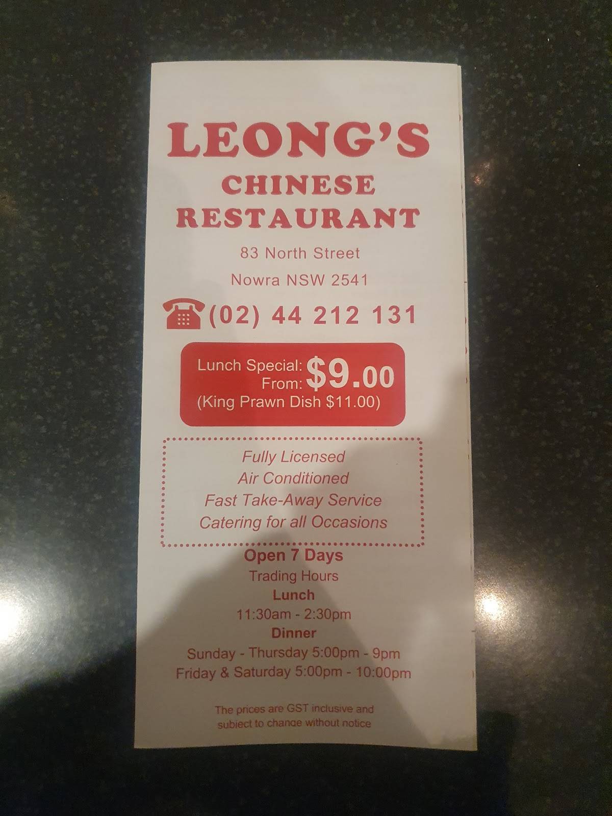 Menu at Leong's Chinese Restaurant, Nowra