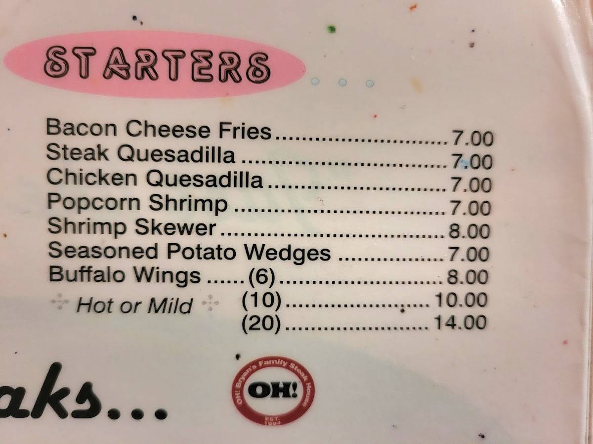 Menu at OH! Bryan's Family Steak House steakhouse, Hartselle