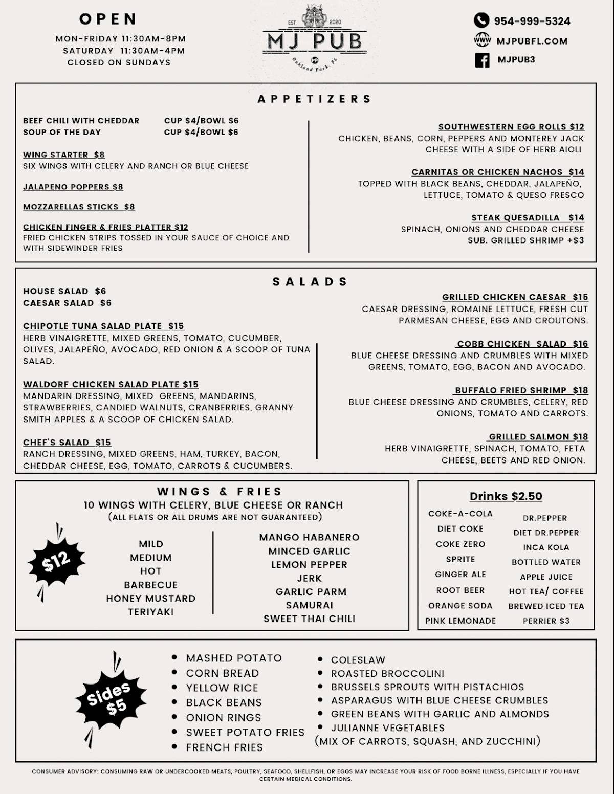 Menu at The Mason Jar Pub, Oakland Park