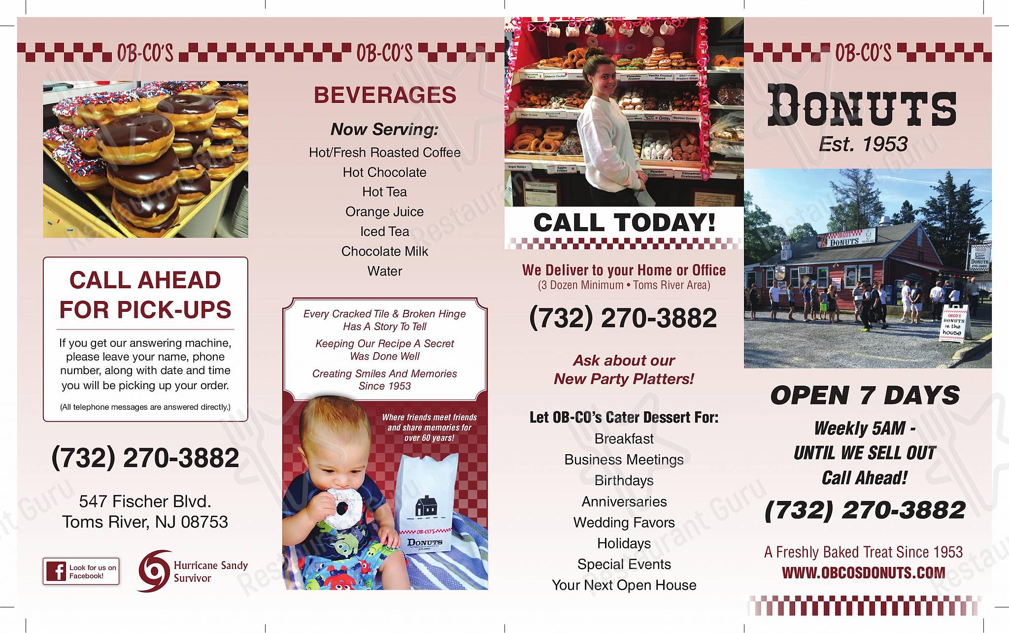 Menu at Ob-Co's Donuts restaurant, Toms River