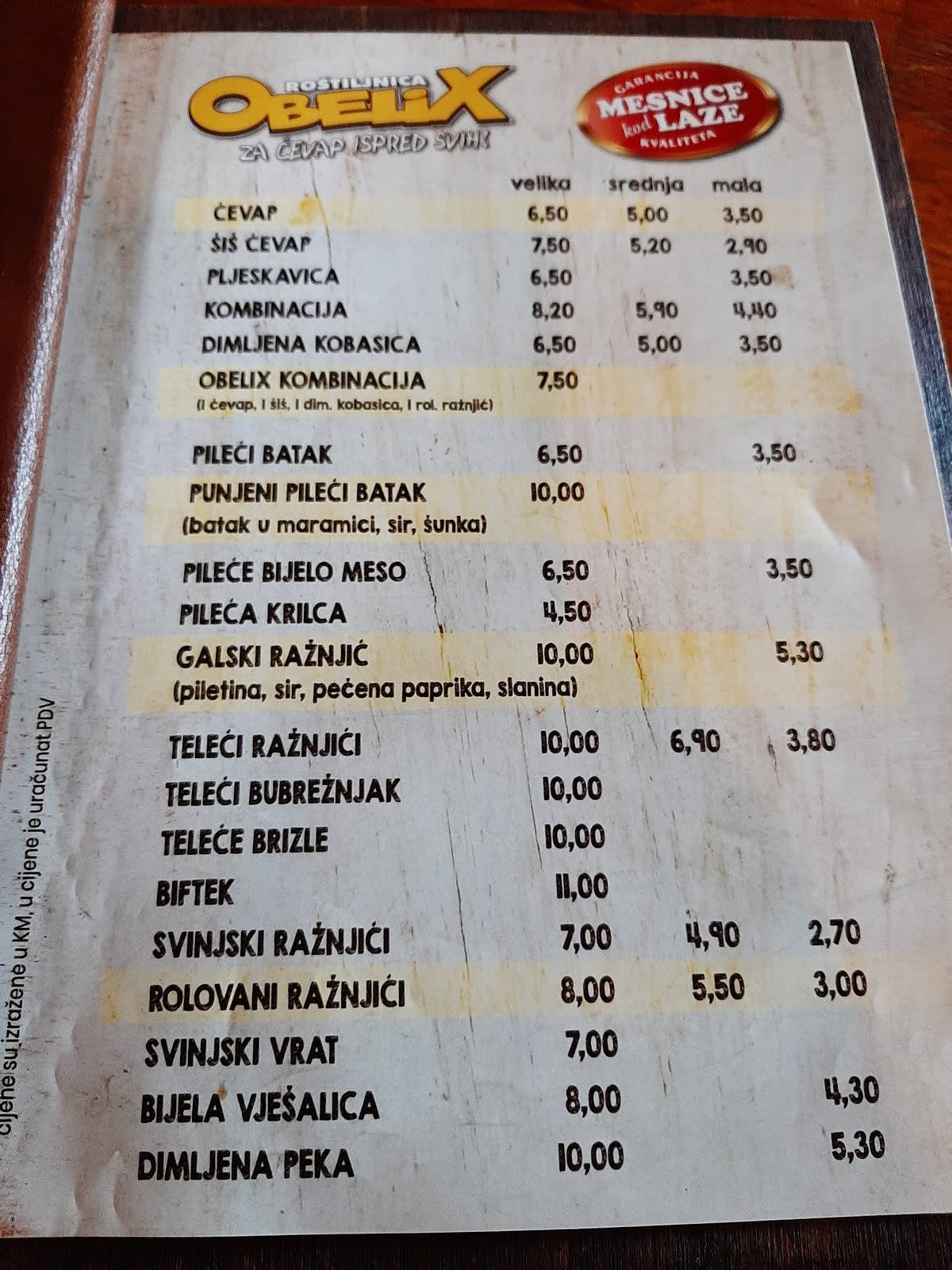 Menu at Obelix restaurant, Banja Luka