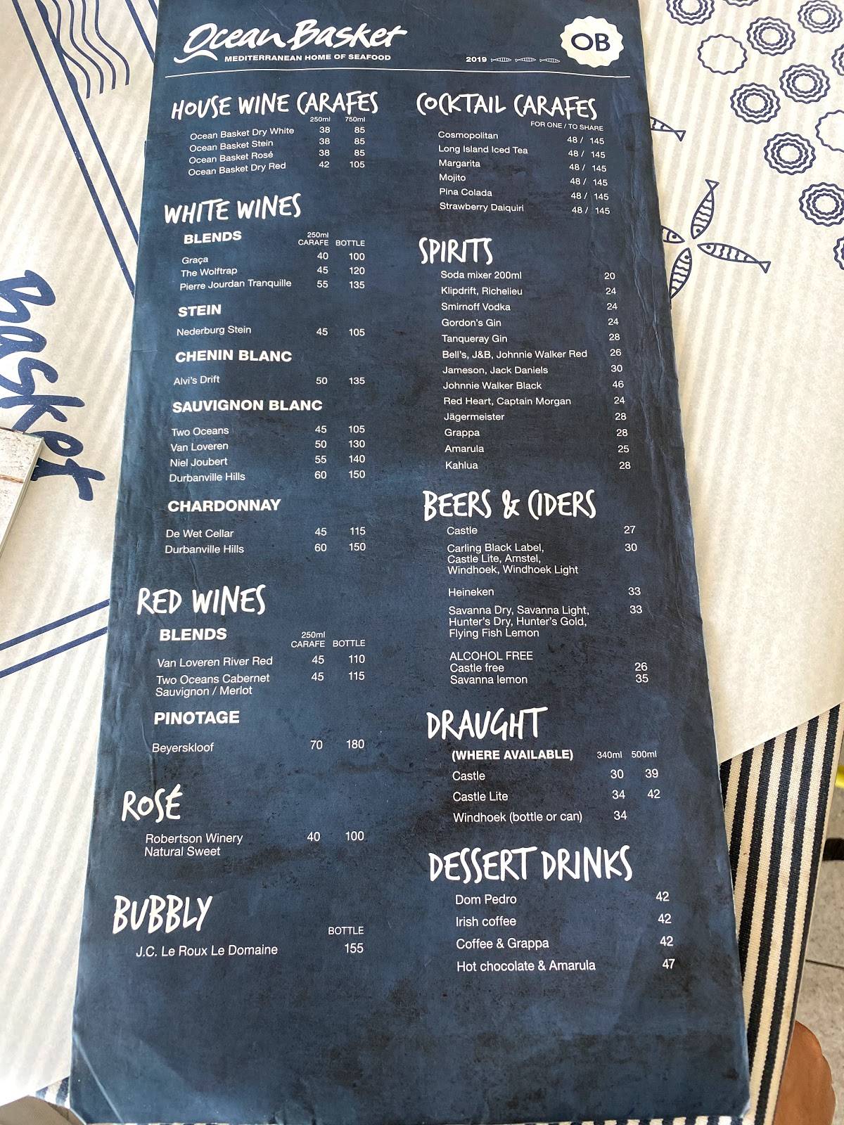 Menu at Ocean Basket Hartenbos restaurant, Mossel Bay, Drive
