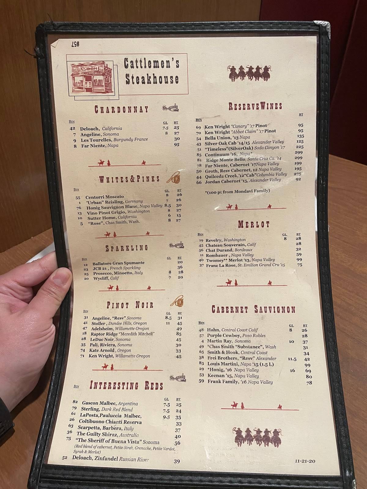 Menu at Cattlemen's Steakhouse, Oklahoma City