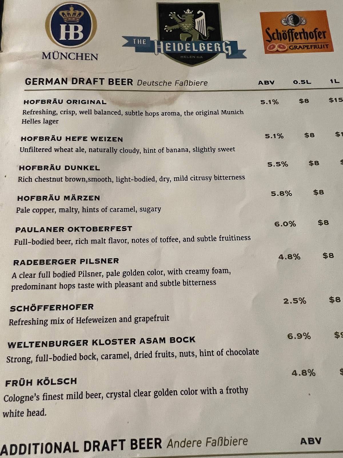 Menu at Old Bavaria Inn Restaurant, Helen