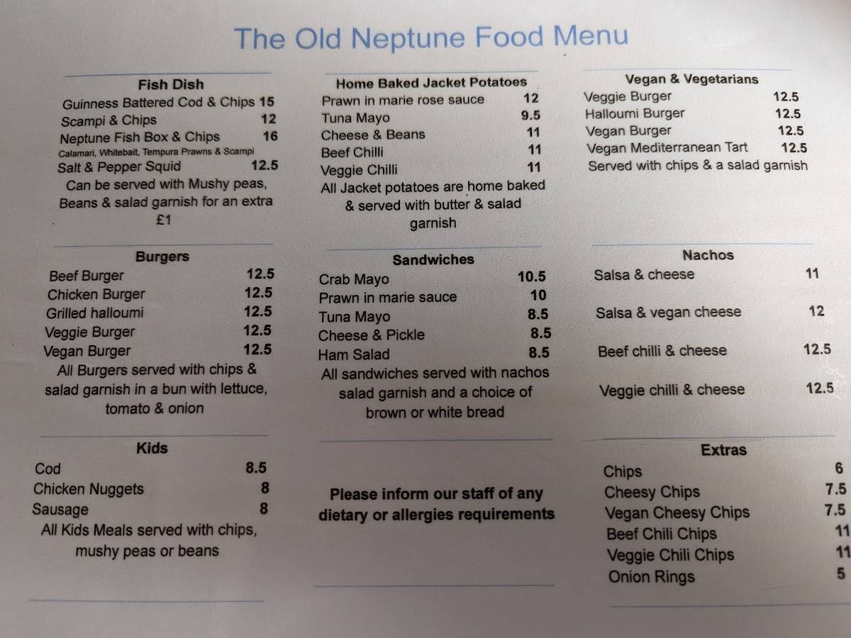 Menu at Old Neptune pub & bar, Whitstable