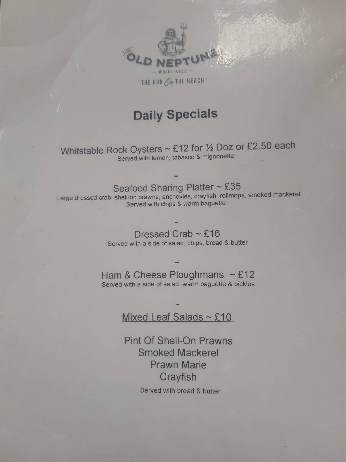 Menu at Old Neptune pub & bar, Whitstable
