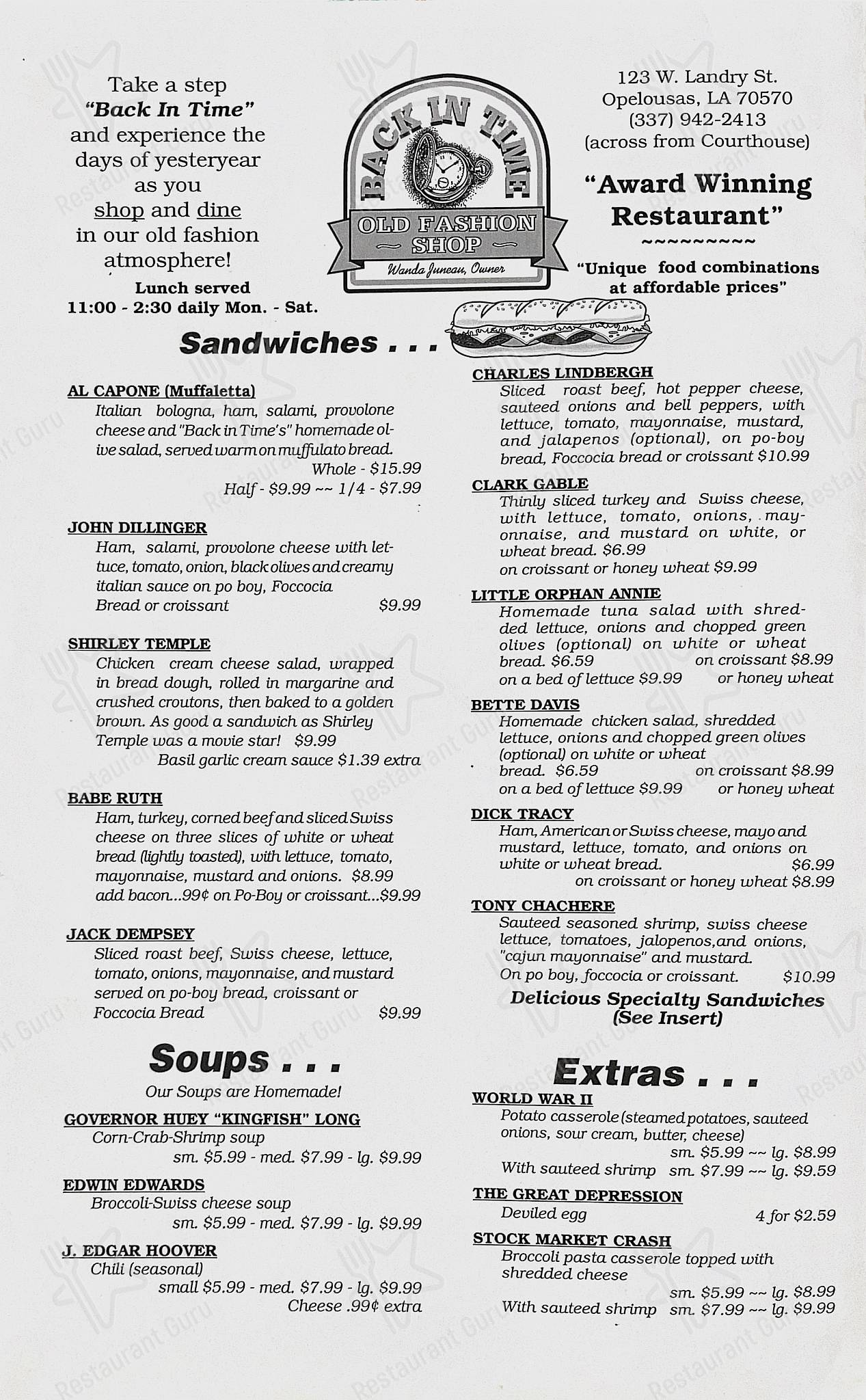 Menu at Back In Time restaurant, Opelousas
