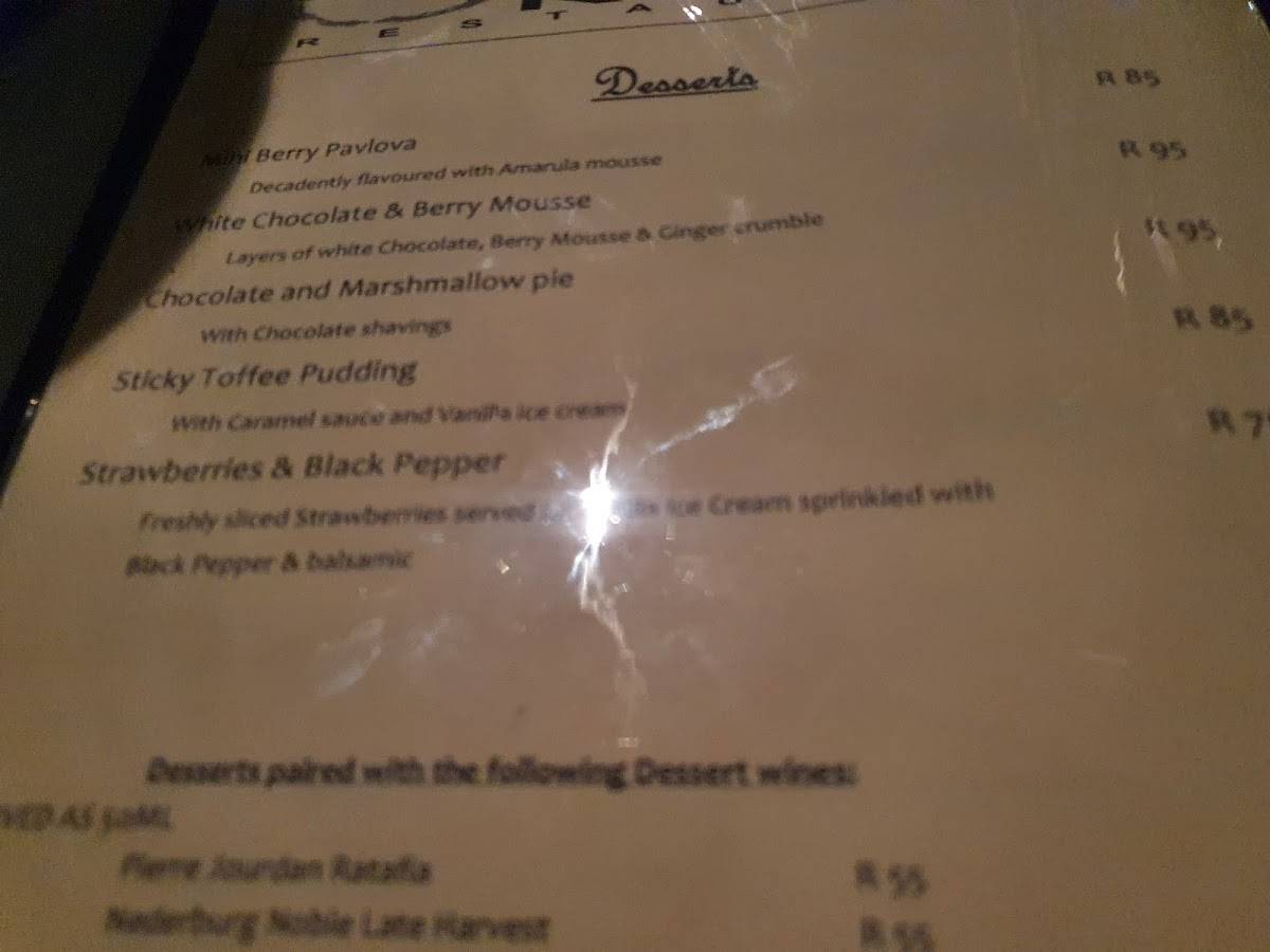 Menu at Orange Restaurant, Nelspruit
