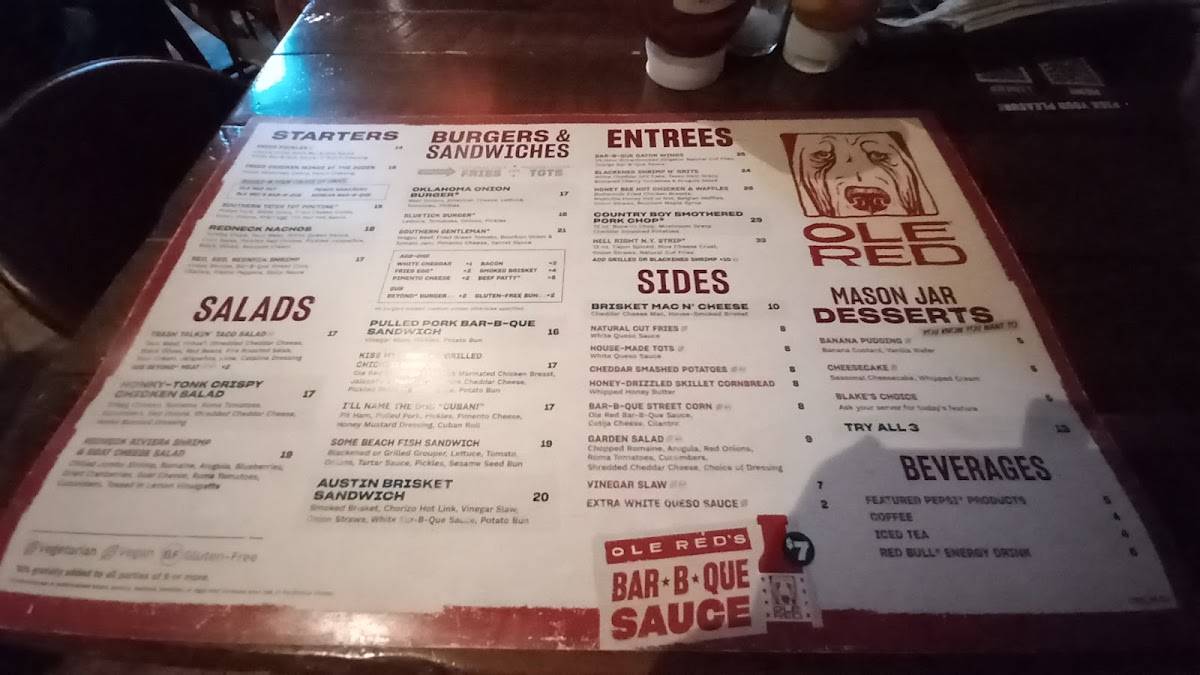 Menu at Ole Red pub & bar, Orlando