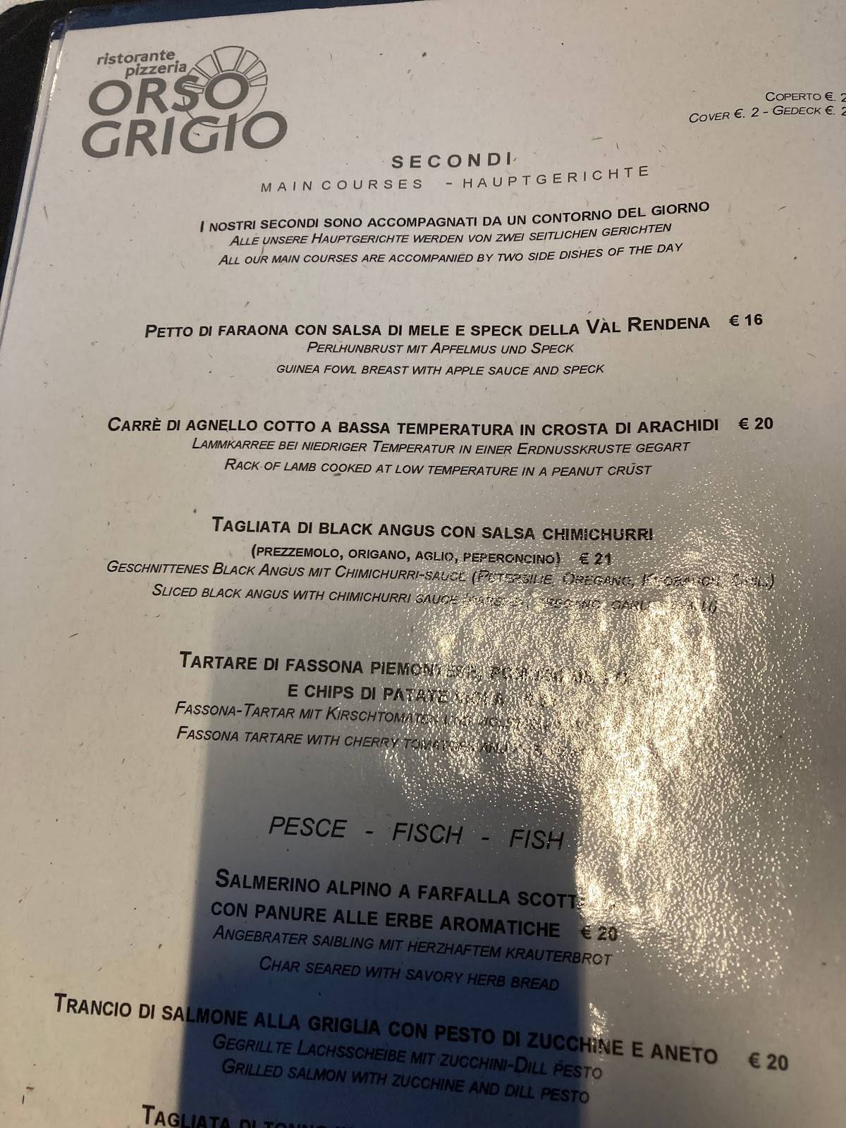 Menu da Orso-Grigio Ristorante & Pizzeria, Trento