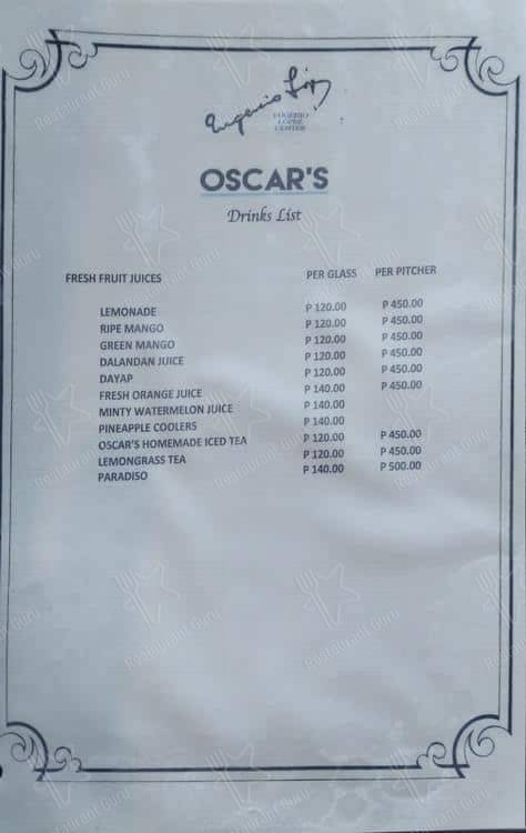 Menu at Oscar’s restaurant, Antipolo