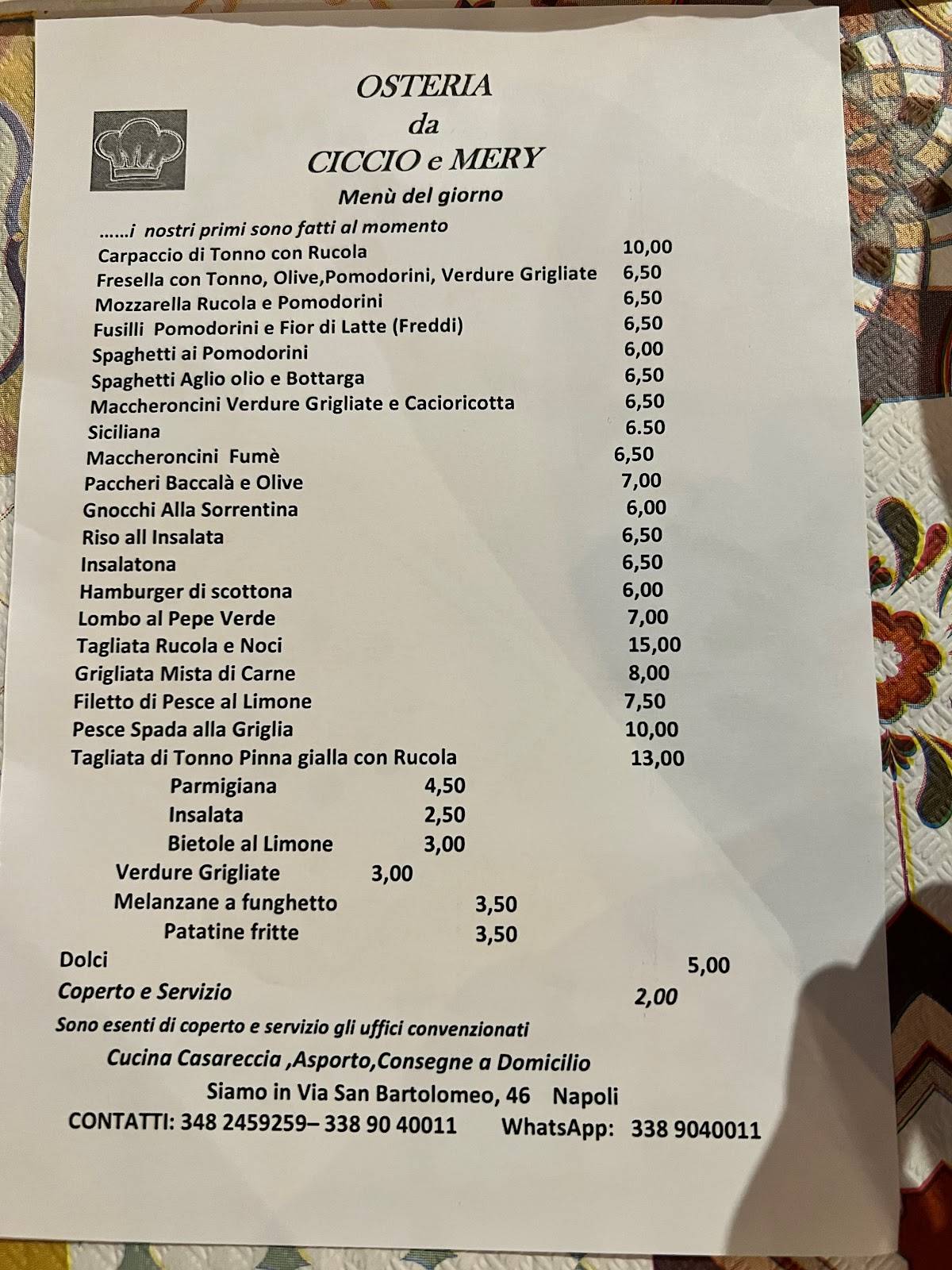 Menu da Osteria da Ciccio e Mery ristorante, Napoli