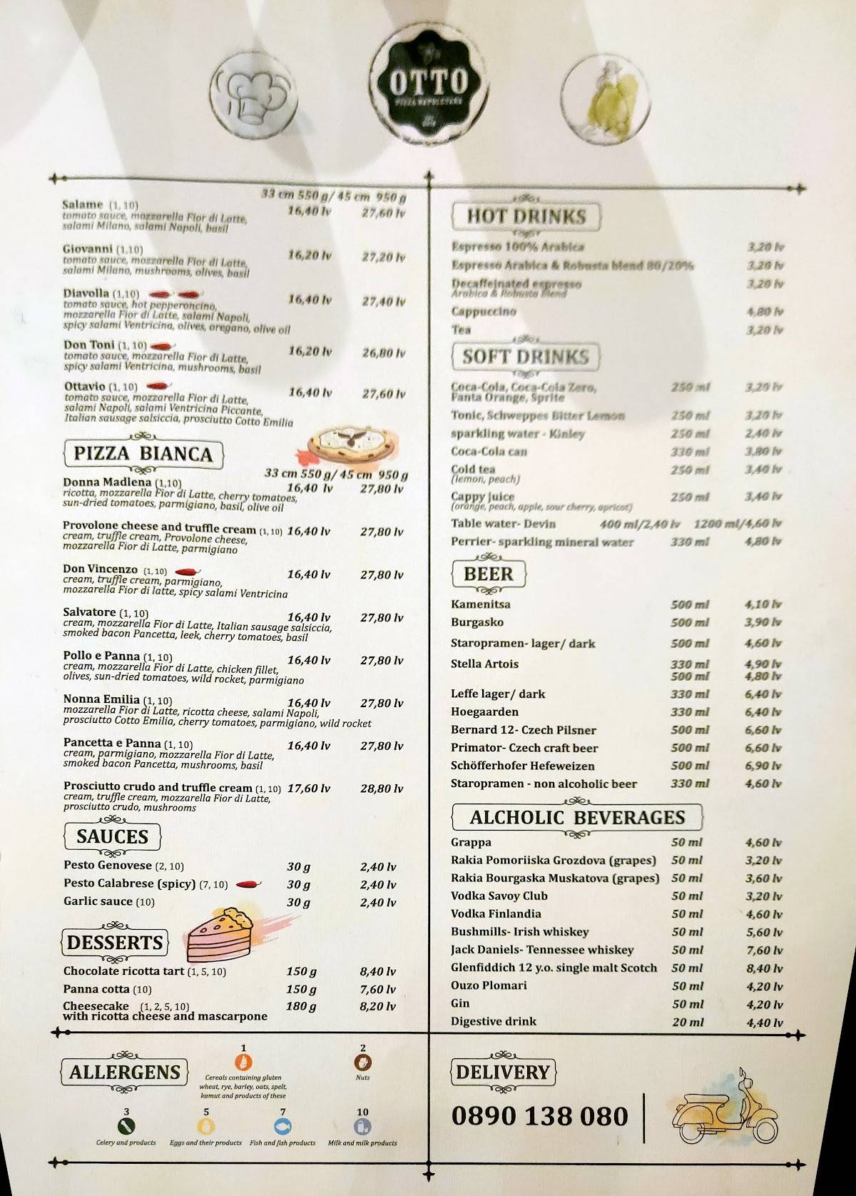 Menu at Otto Pizza Napoletana restaurant, Shumen