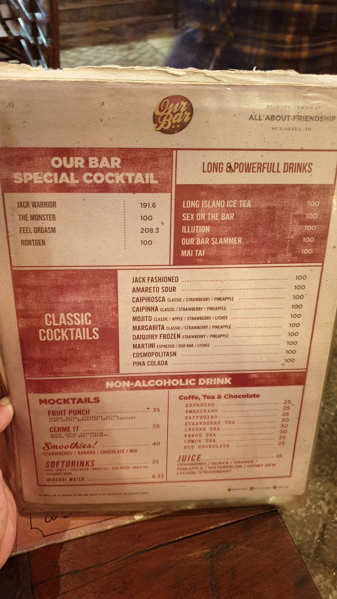 Menu at Our Bar, Surabaya