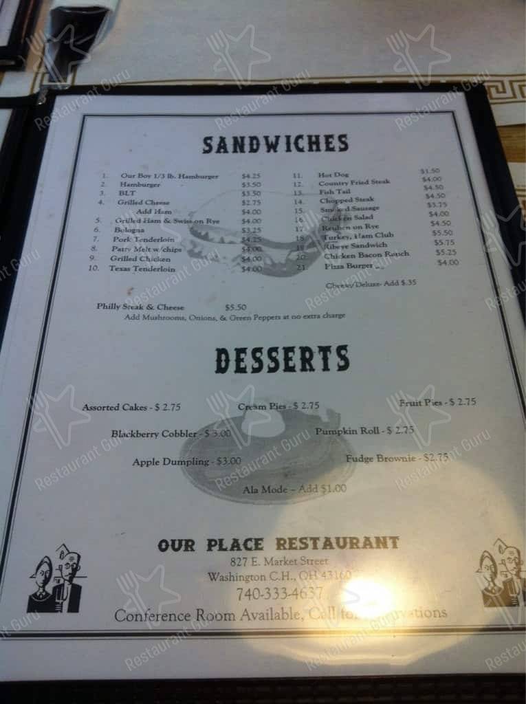 Menu at Our Place Restaurant, Washington Court House