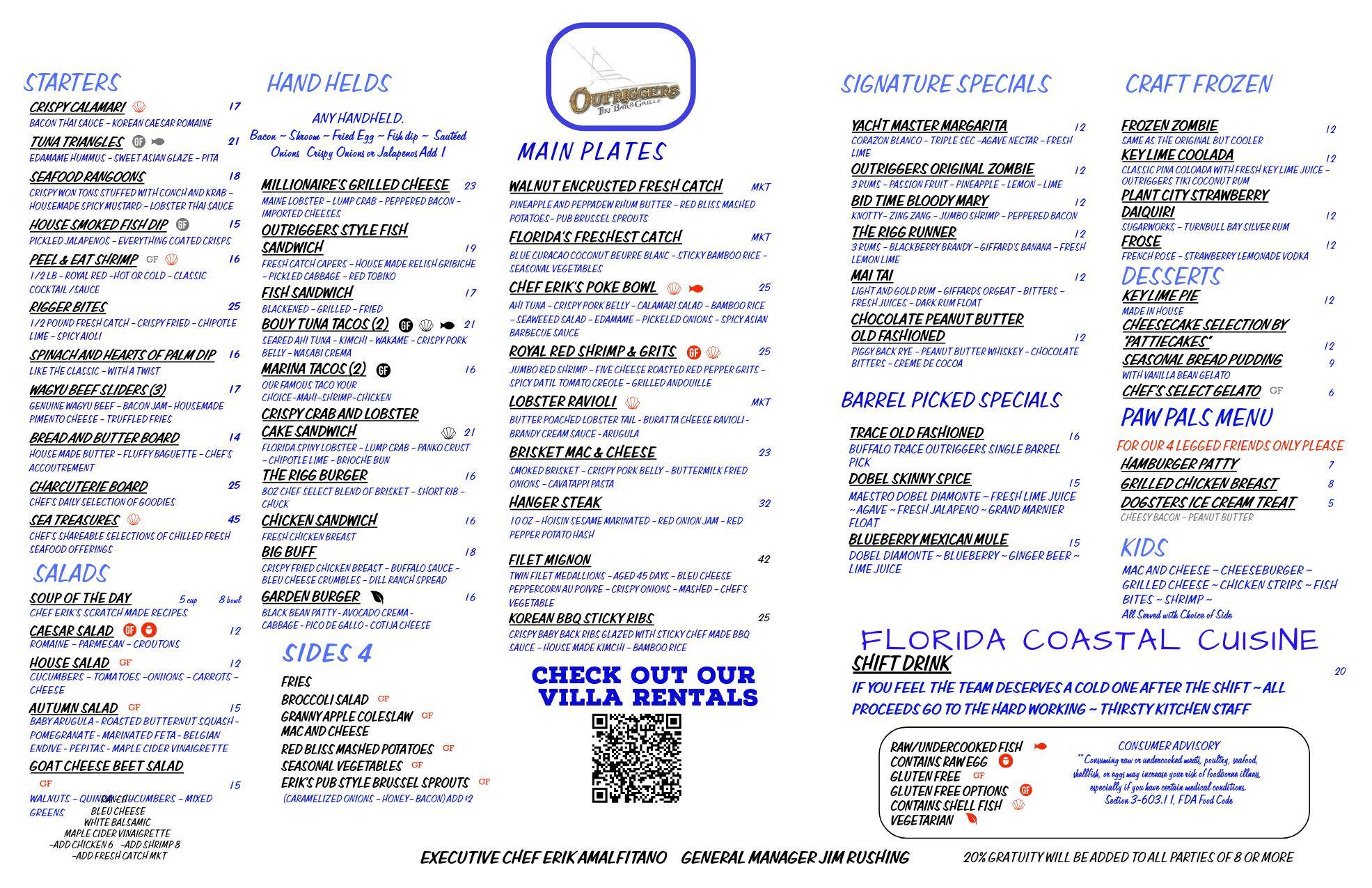 Menu at Outriggers Tiki Bar & Grille, New Smyrna Beach