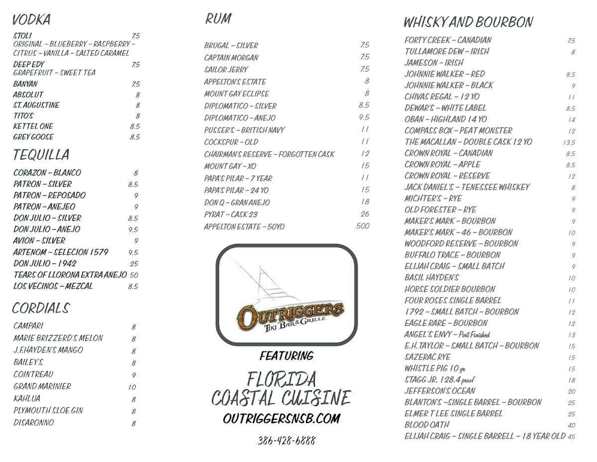 Menu at Outriggers Tiki Bar & Grille, New Smyrna Beach