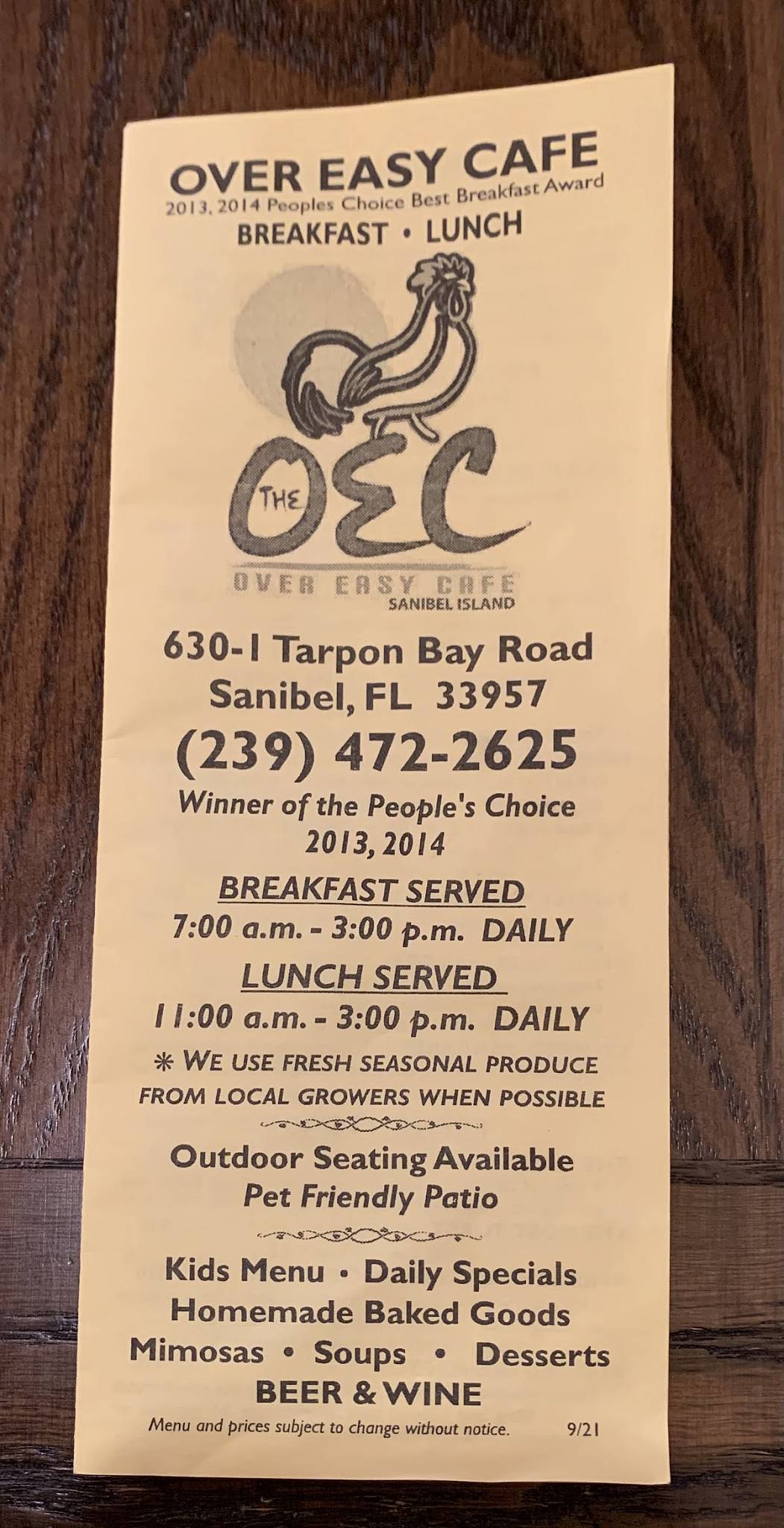 Menu at Over Easy Cafe, Sanibel