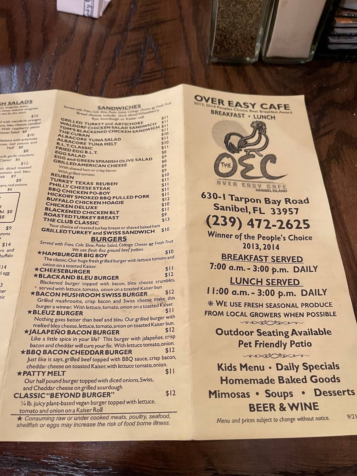 Menu at Over Easy Cafe, Sanibel