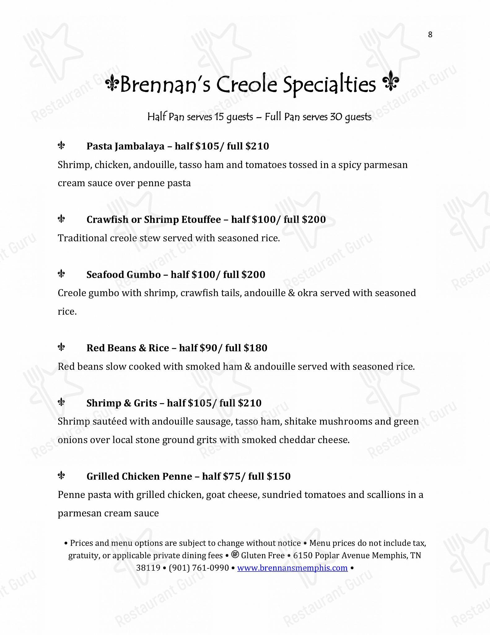 Menu at Owen Brennan's pub & bar, Memphis