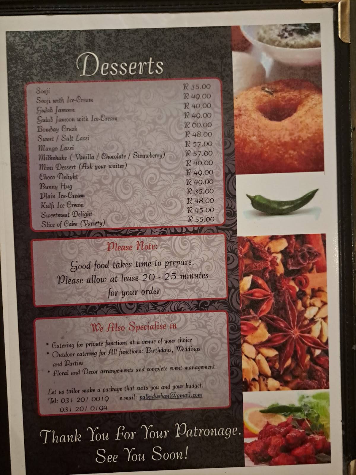 Menu at PALKI RESTAURANT DURBAN, Durban