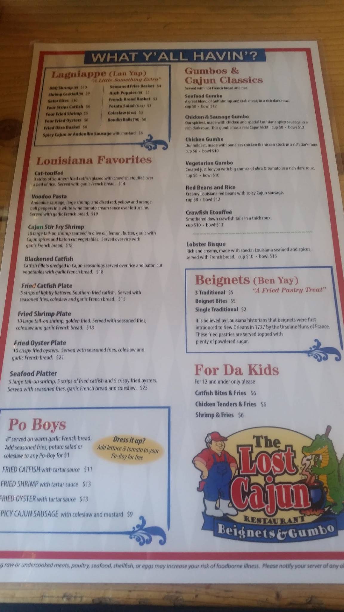 Menu at The Lost Cajun restaurant, Pagosa Springs