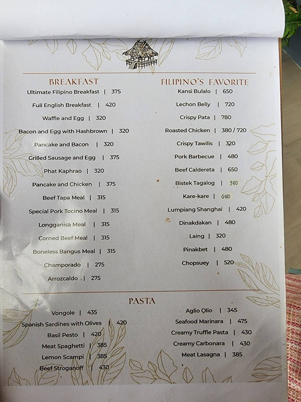 Menu at Pamahaw restaurant, Silang