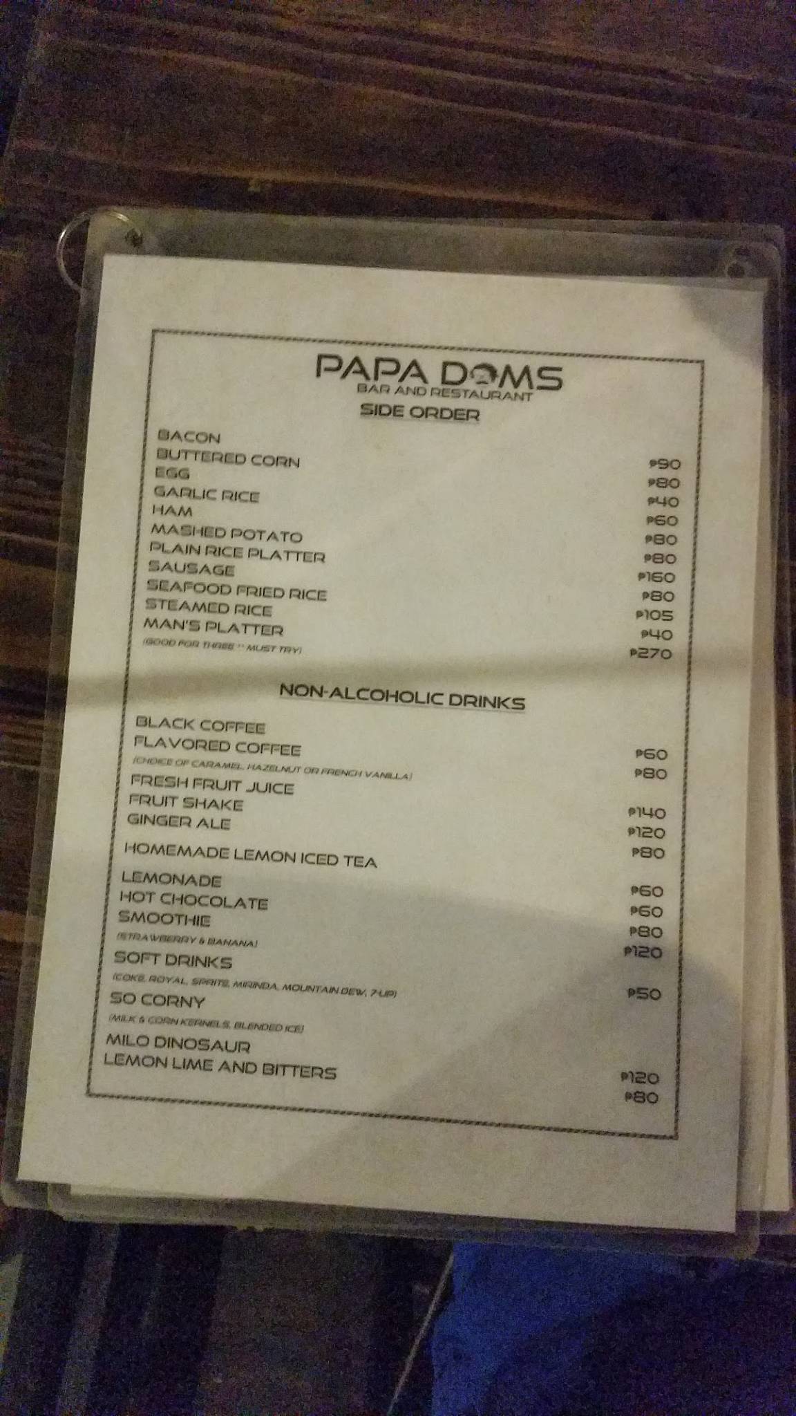 Menu at Papa Doms Bar and Restaurant - Tagaytay, Tagaytay