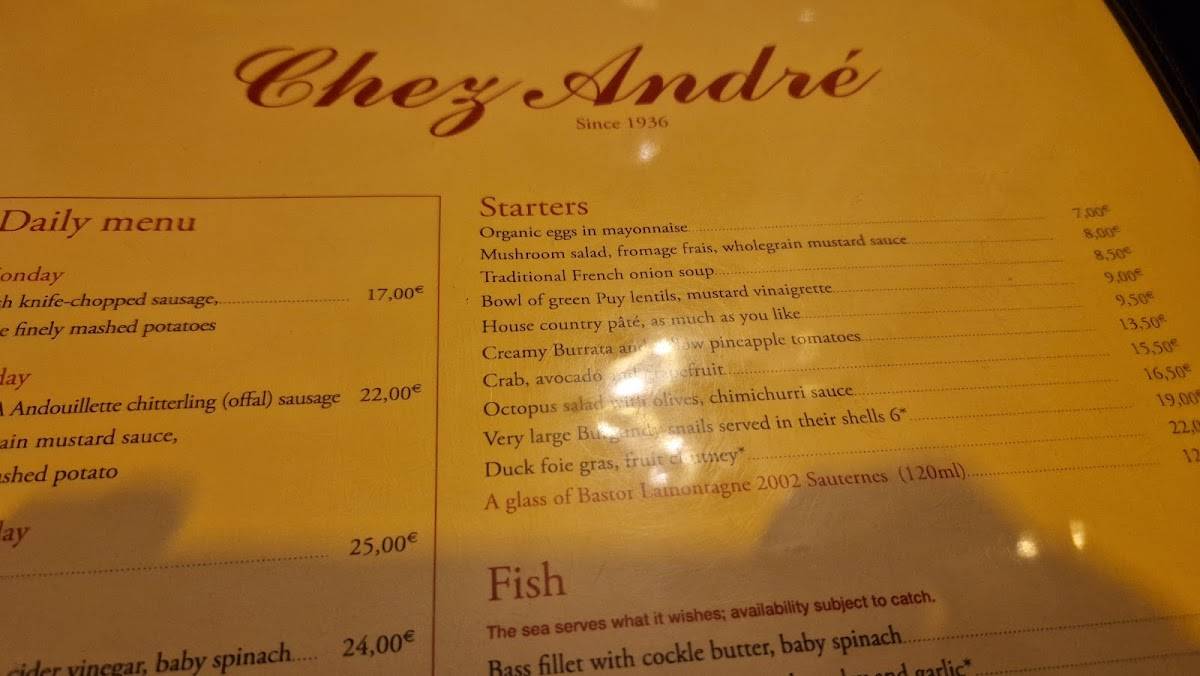 Menu at Chez André restaurant, Paris, 12 Rue Marbeuf